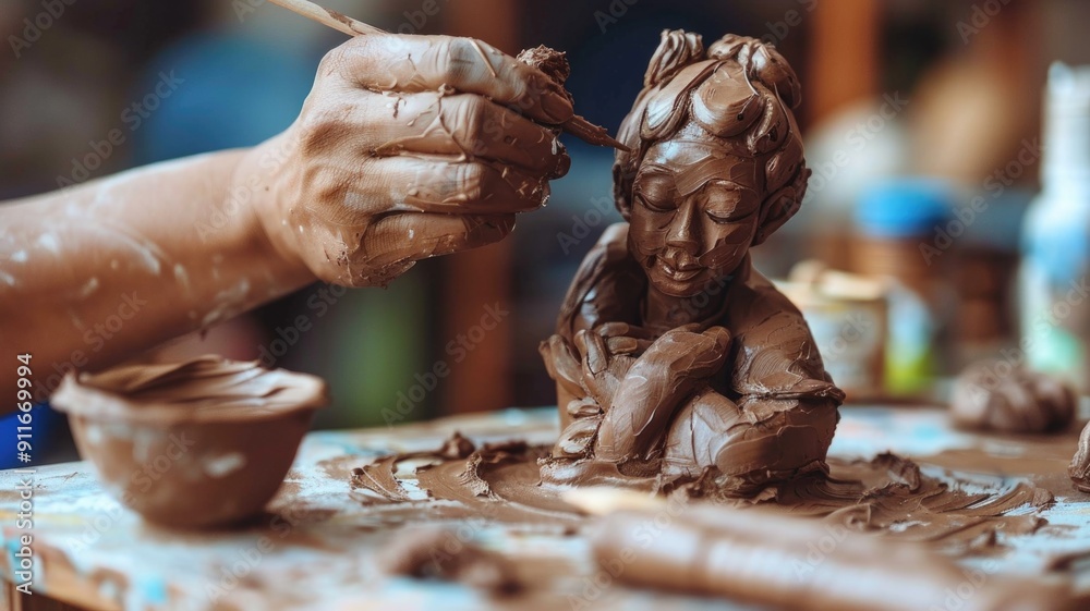 Hands sculpting a figure from clay, showing the detailed work and ...