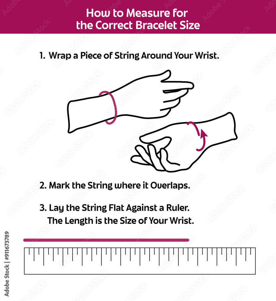 Instructional guide on measuring wrist size for bracelets using a piece ...