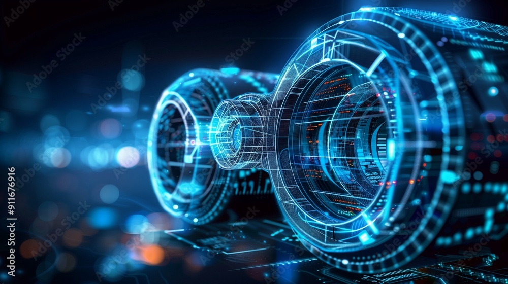 digital blue binocular with data streams, ai in visual recognition ...