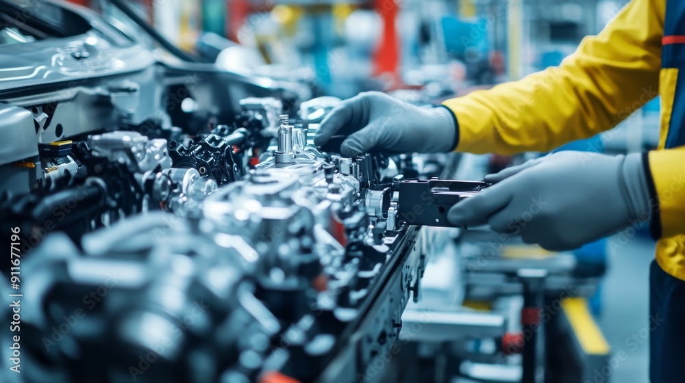 Foto de Automotive assembly line. Workers assembling vehicle parts and ...
