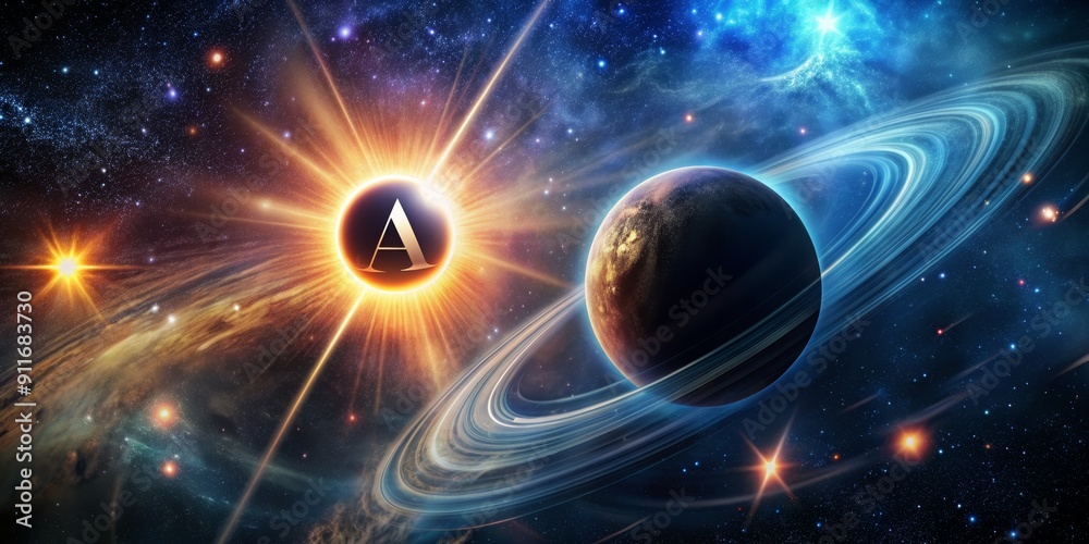 Cosmic Eclipse with Letter A, Planet with Rings, Space Exploration ...