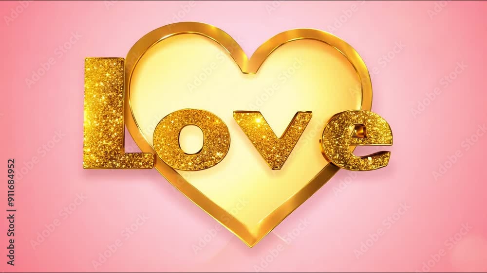 Golden 'Love' text with a heart on a soft pink background for luxurious ...