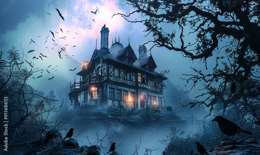 Eerie Haunted House with Crows Under Full Moon in Spooky Atmosphere at ...