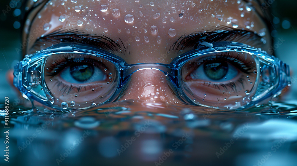 Female swimmer with blue goggles and wet face, eyes focused intensely ...
