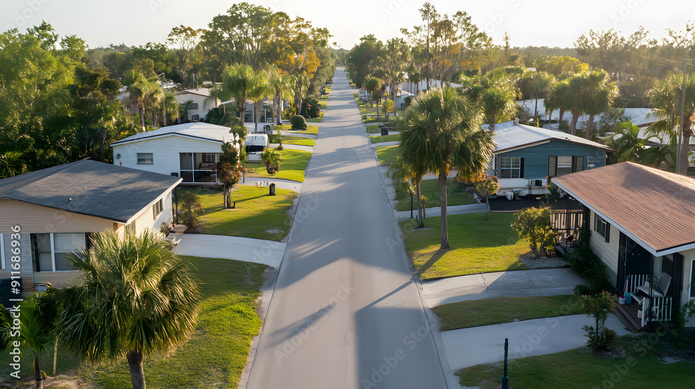 aerial flyover mobile homes with palm trees in suburb of fort myers ...