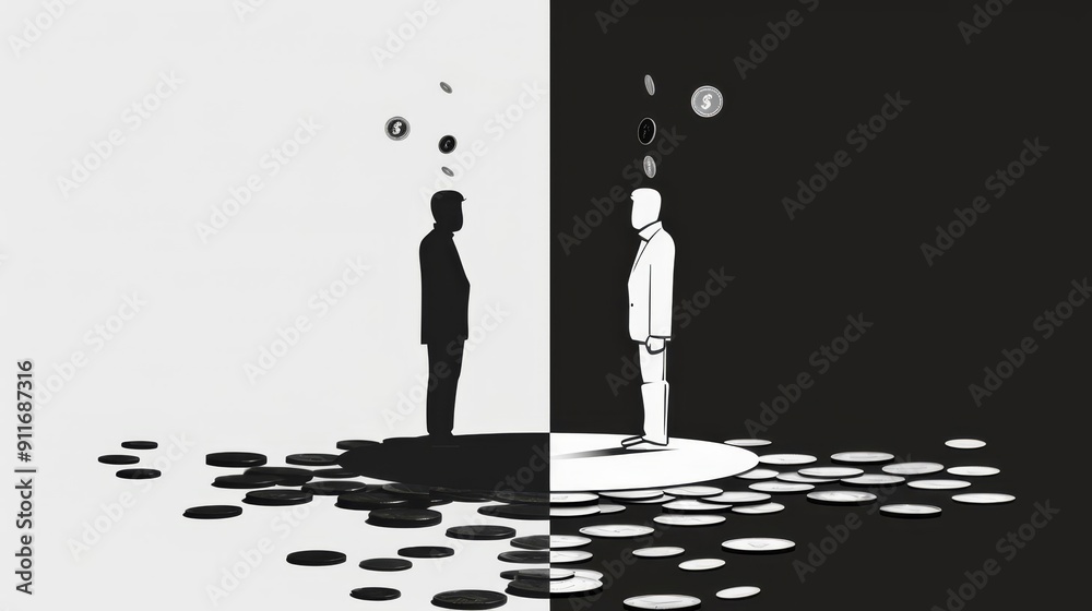 Wealth disparity, person with coins vs person with none, side view ...