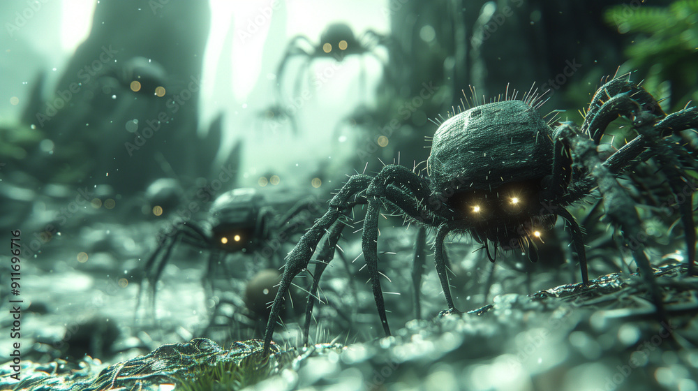 A swarm of giant, eerie spiders with glowing eyes navigates through a ...