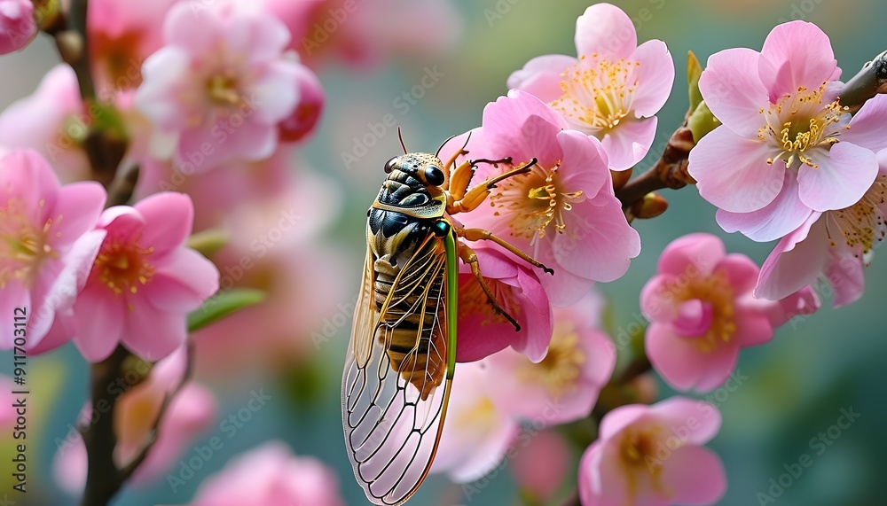 The scene of cicada slough clinging to pink flowers shows the beauty of ...