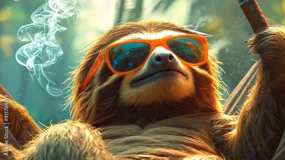 Sloth lounging on a hammock, smoking a cigar, calm, relaxing, shaded ...