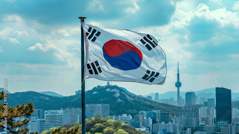 The South Korean flag waves majestically above the bustling skyline of ...