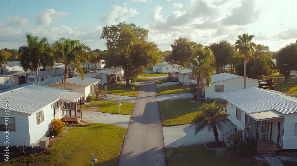 aerial flyover mobile homes with palm trees in suburb of fort myers ...