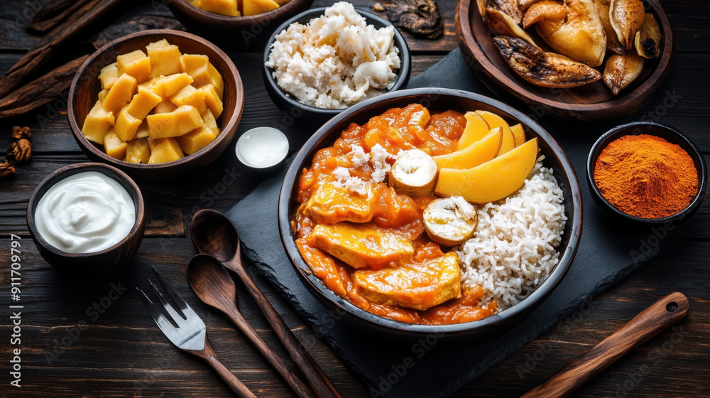 Traditional Ghanaian food Kelewele and Plantain Stew. The dish includes ...