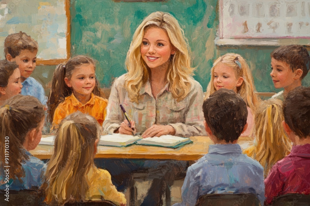 First Grade Classroom. Young Blonde Haired Teacher with Boys and Girls ...