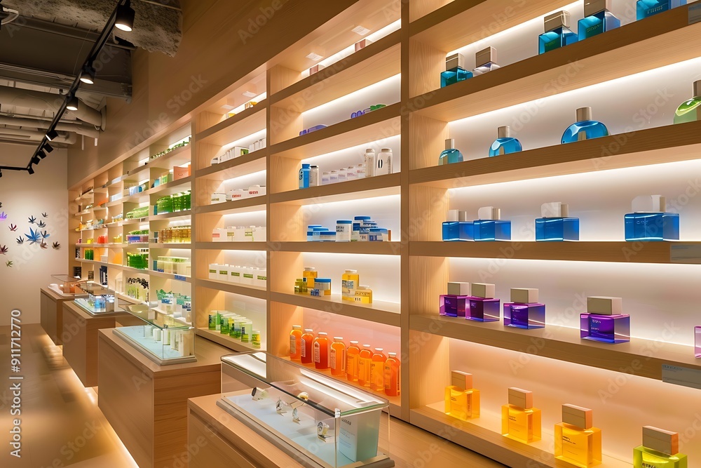 A modern cannabis dispensary interior, sleek shelves filled with ...