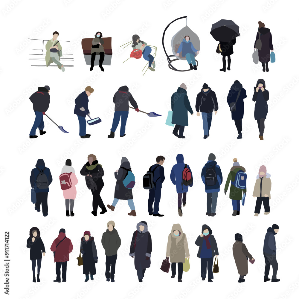 A large set of silhouettes of people. 2D image for use as an entourage ...