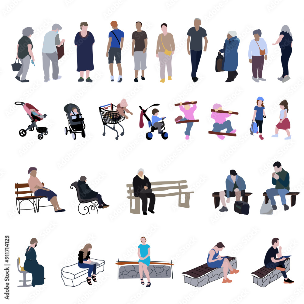 A large set of silhouettes of people. 2D image for use as an entourage ...