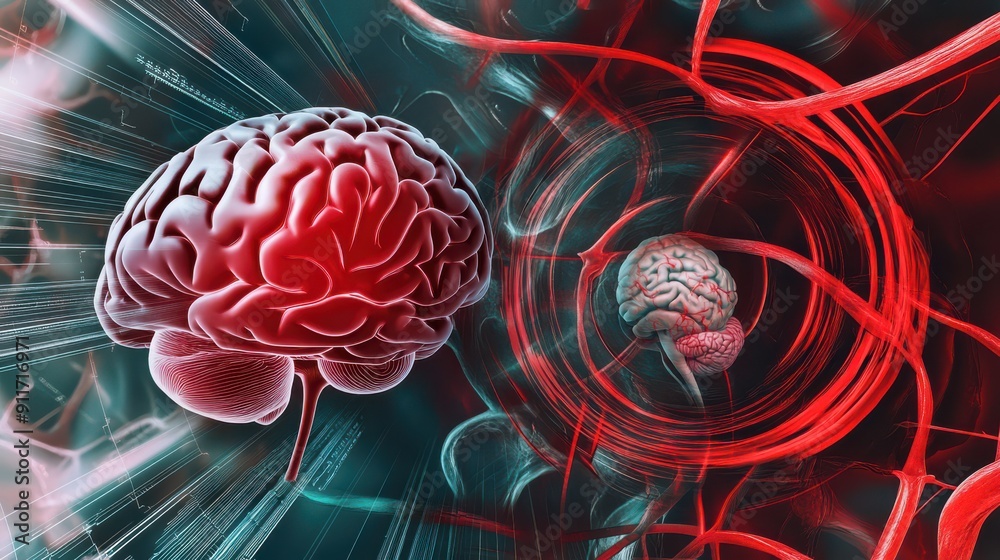 Detailed 3D illustration of a human brain and vascular system with ...