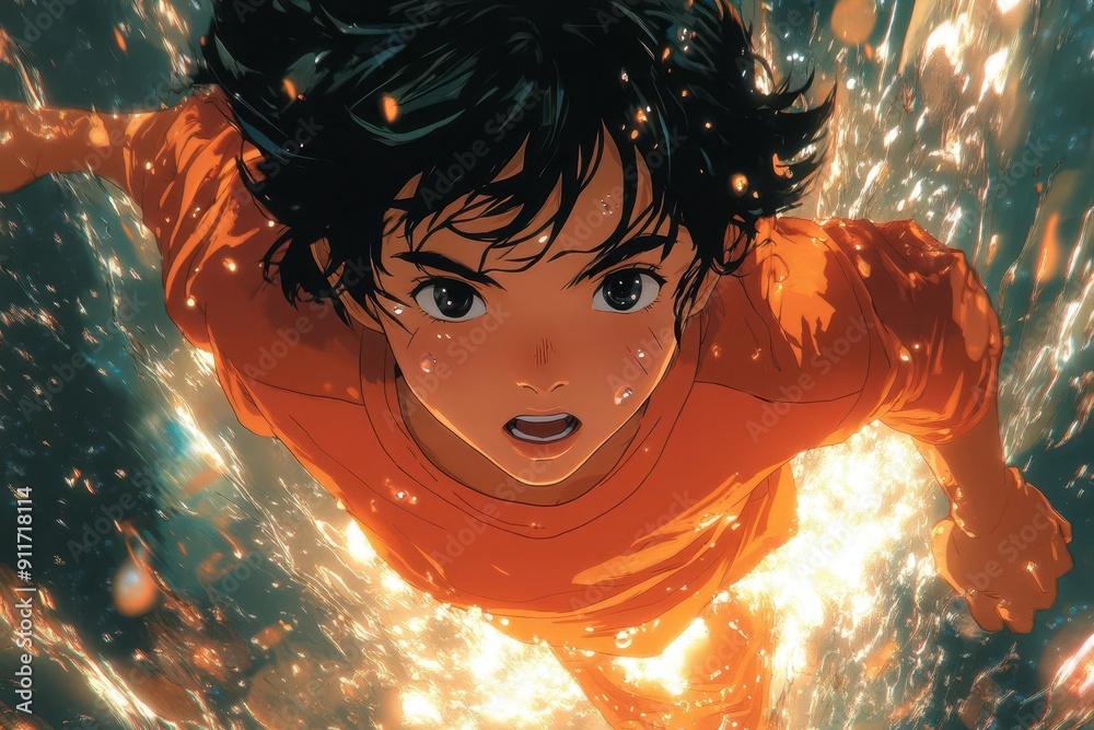 energetic anime avatar cartoon asian boy midrun and jump conveying ...