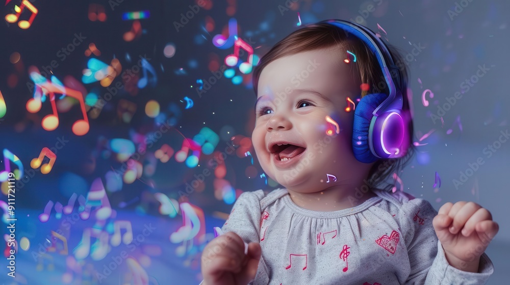 joyful baby wearing futuristic neurallinked headphones holographic ...