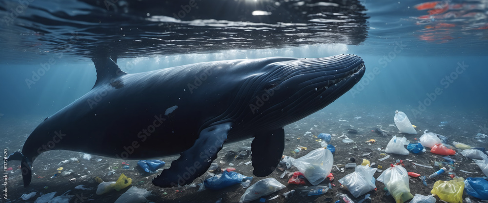 Whale in its natural habitat surrounded by man-made waste and plastic ...