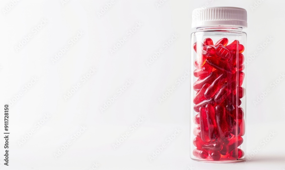 Red gummy candy in plastic bottle on white background. Stock ...