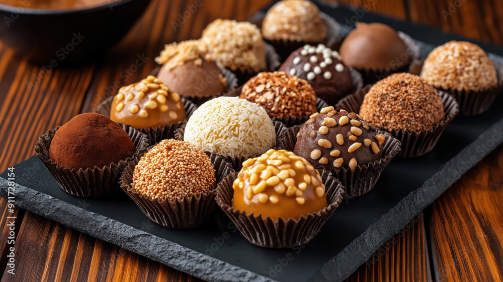 Traditional Brazilian food Brigadeiro. Chocolate truffles covered in ...