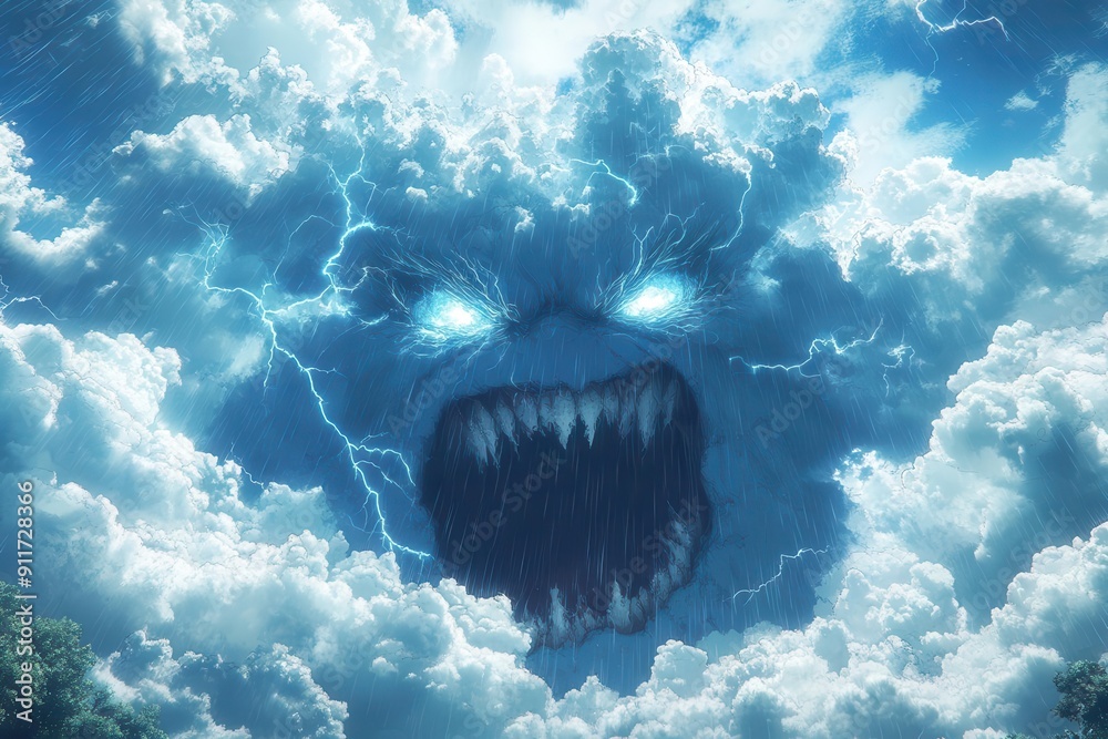 torrential rainstorm personified as an angry anime face formed by dark ...