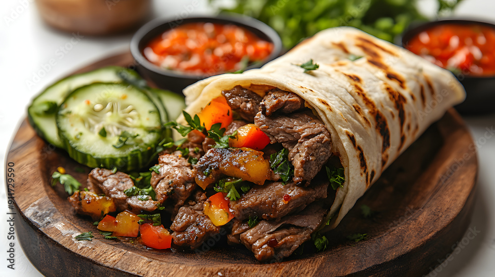 shawarma, gyro, fresh roll of lavash, doner kebab with steam. beef ...