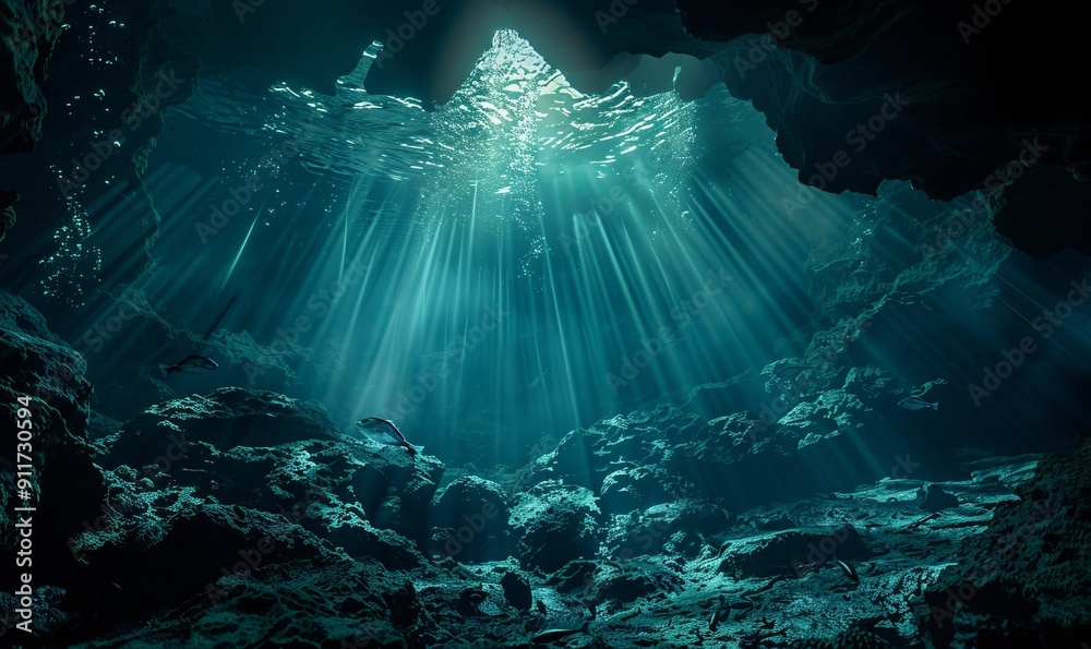 Sunlight filtering through water as divers descend, creating patterns ...