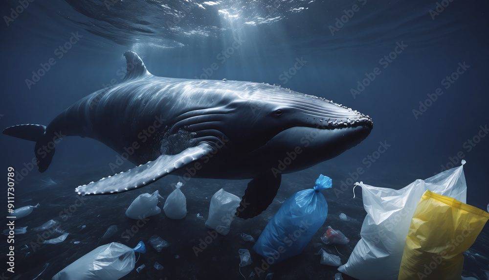 Whale in its natural habitat surrounded by man-made waste and plastic ...