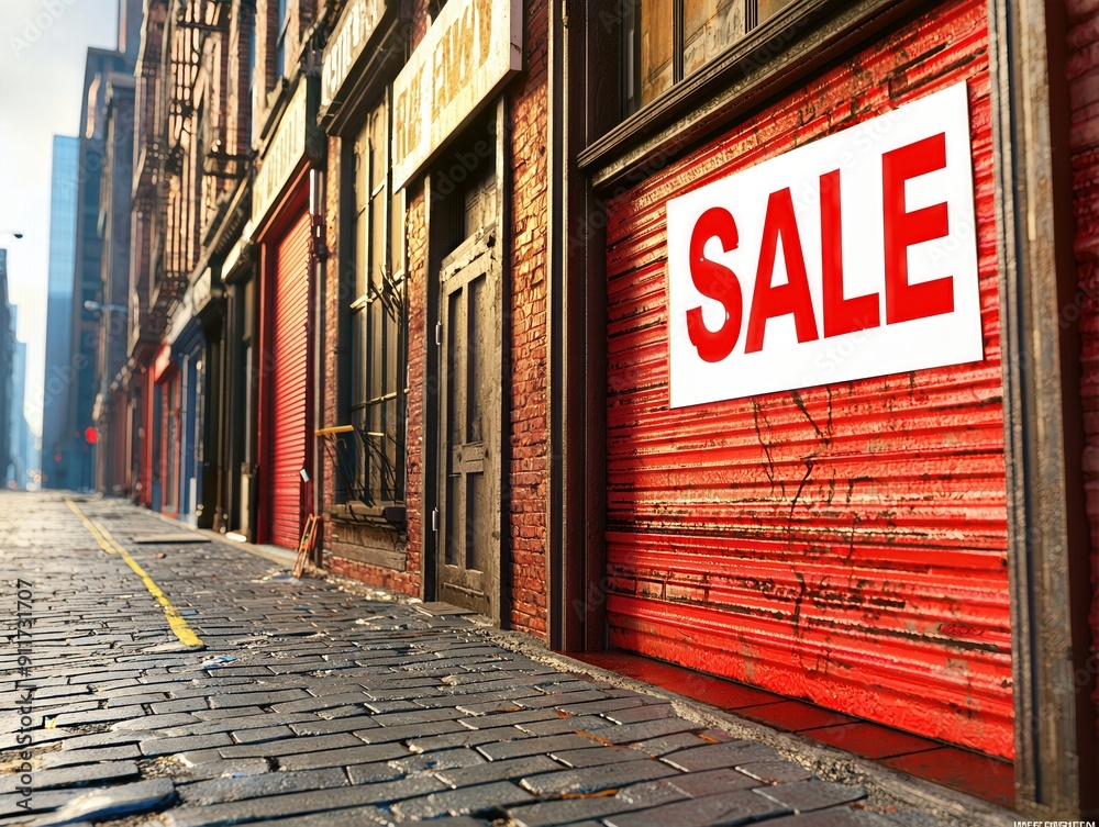 Vibrant street scene showcasing a storefront with a bold sale sign ...