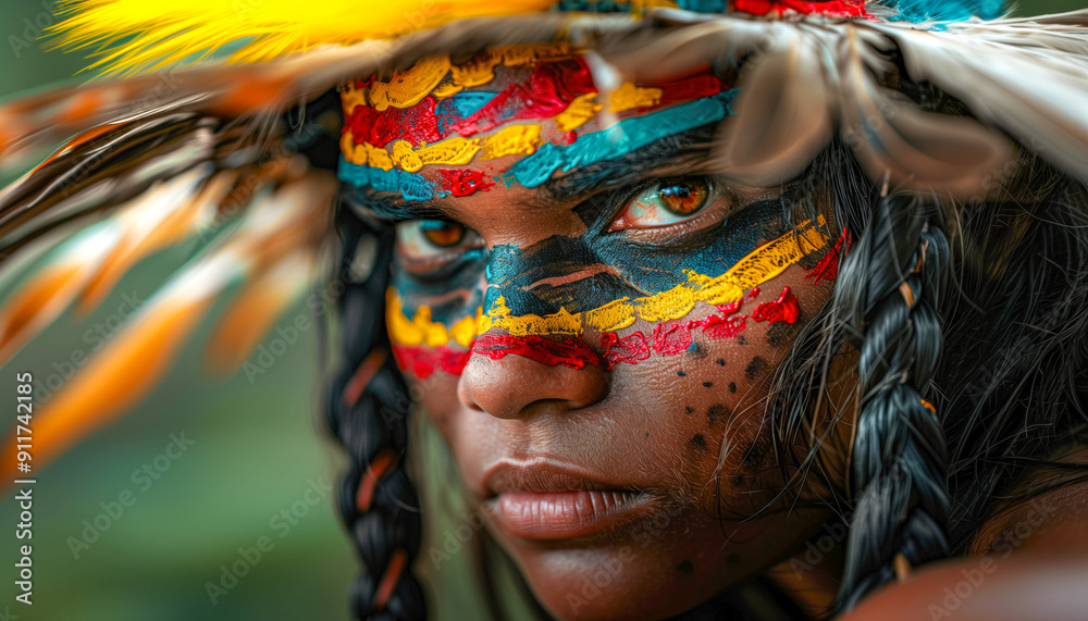Indigenous person with headdress and face paint, indigenous people ...