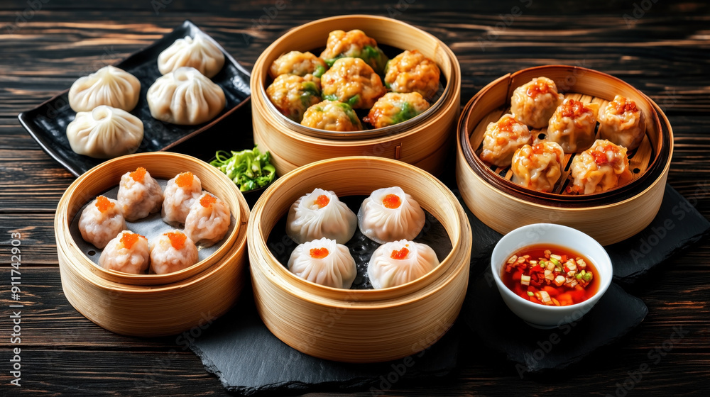 Traditional Chinese food Dim Sum with various steamed dumplings in ...