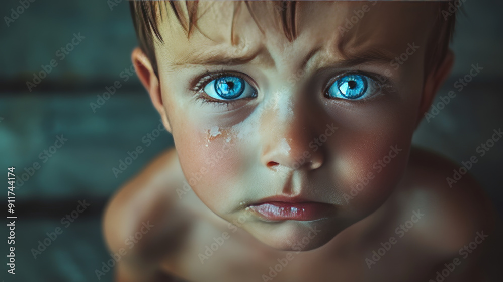 A tiny boy with big blue eyes cries sadly. His tears stream down his ...