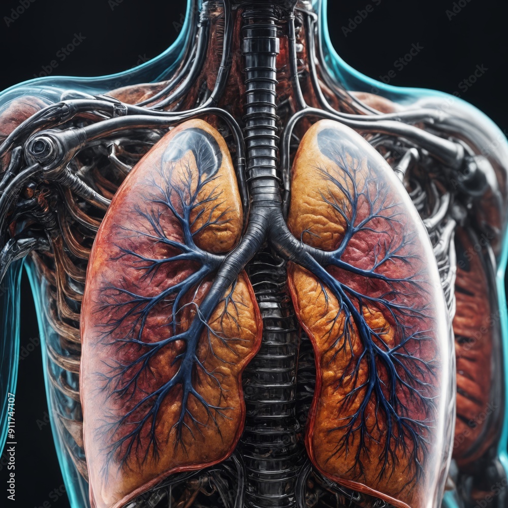 close-up view of a human respiratory system, focusing on the lungs and ...