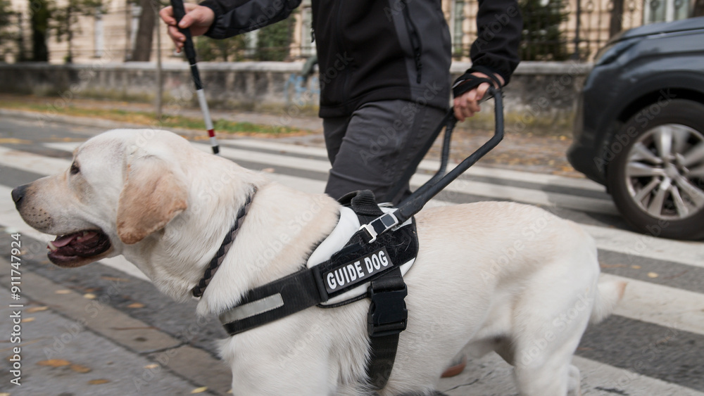 Guide dog walking close to his blind owner and helping her to cross a ...