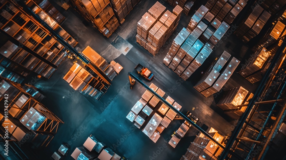 An aerial perspective reveals a bustling warehouse filled with ...