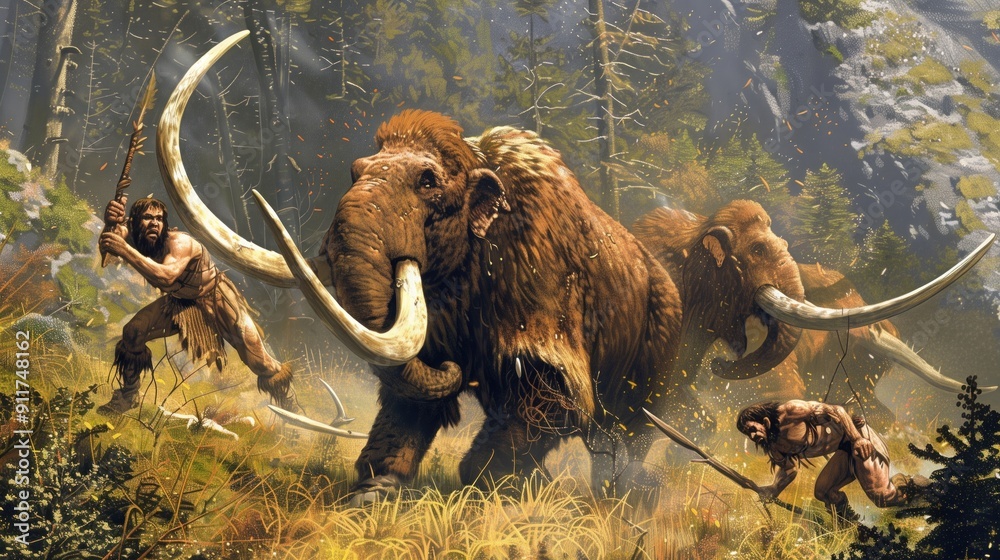 Tribe of primitive humans wearing furs for clothing and brandishing ...