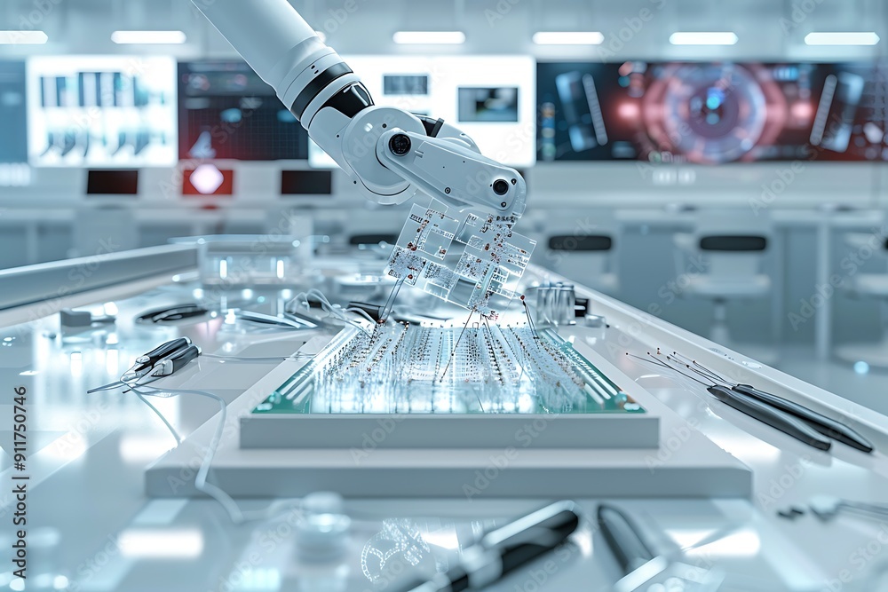 A robotic arm assembling intricate, transparent microchips on a clean ...
