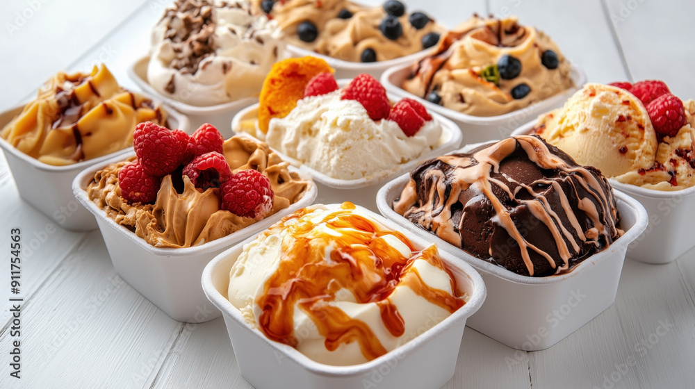 An assortment of colorful gelato flavors in white plastic containers ...