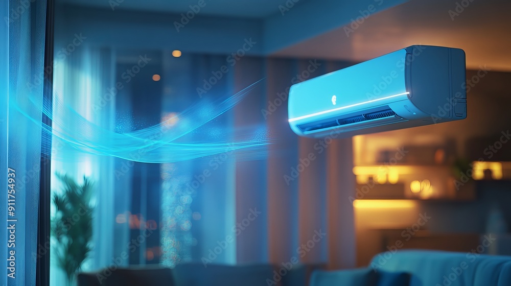 Cool air flows from an air conditioner with blue lights in a living ...