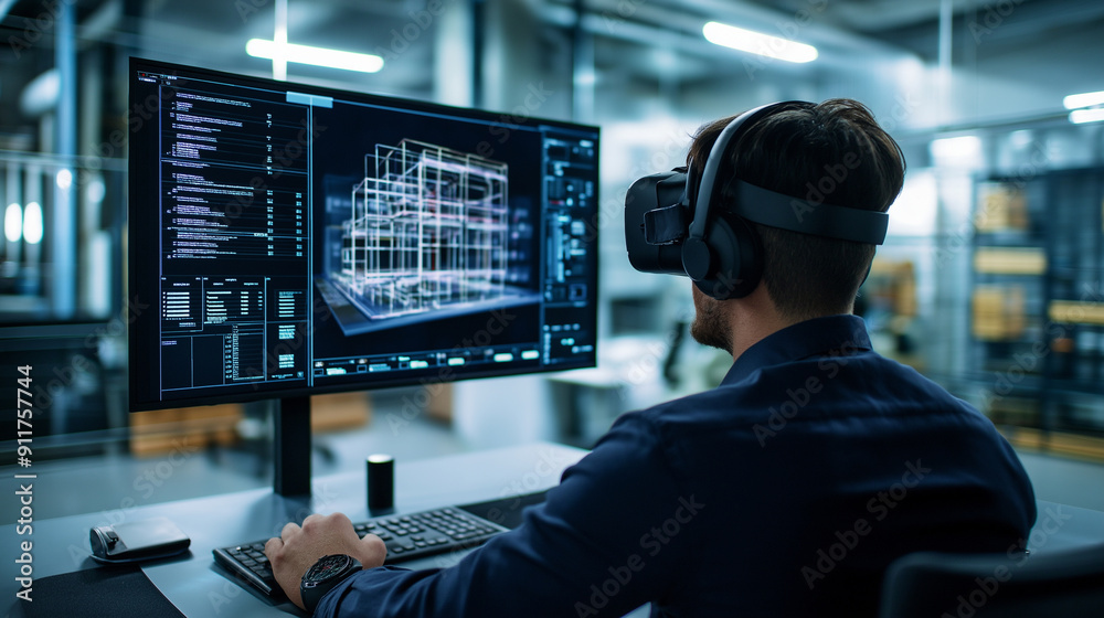 Consultant in VR setup, analyzing comprehensive energy efficiency data ...