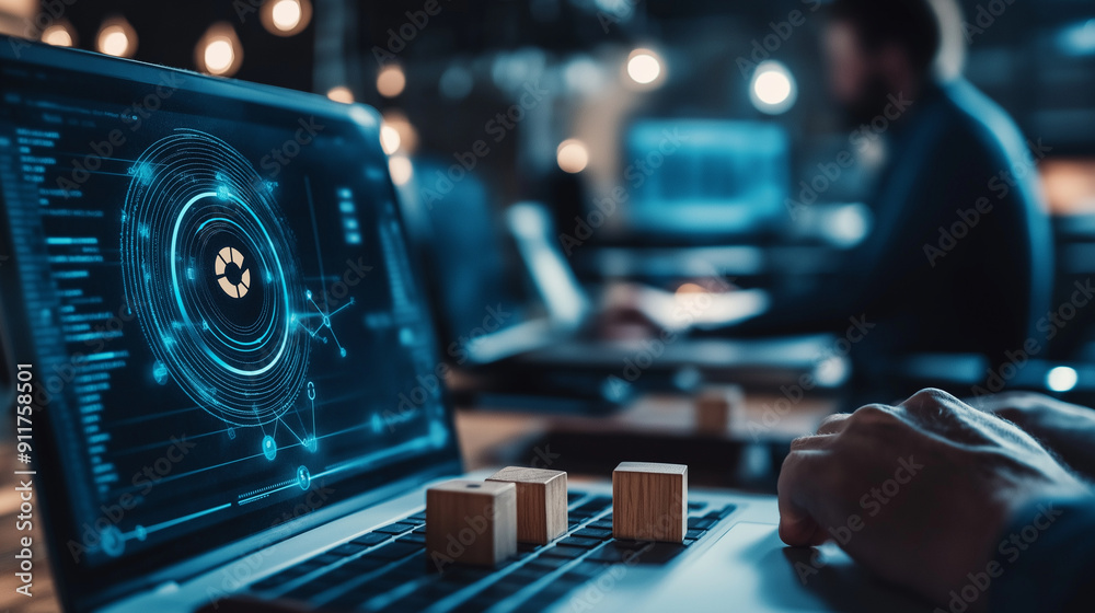 Futuristic customer service office with AI tools, wooden block target ...