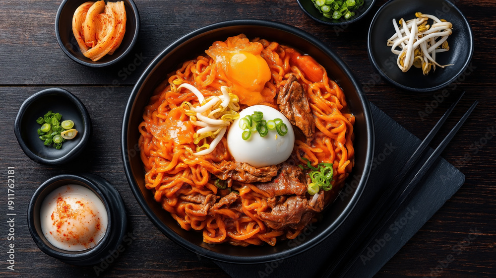 Traditional Korean food Ramyeon. This spicy noodle dish includes a soft ...