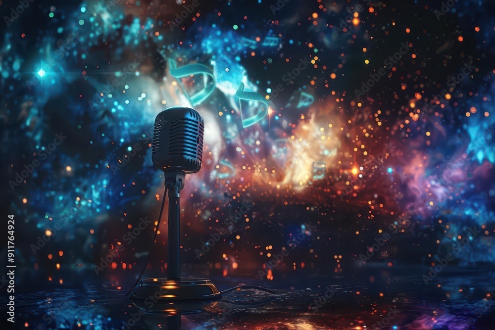 holographic concert stage with a vintage microphone projecting musical ...