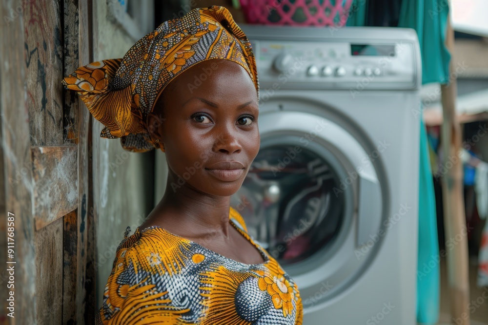 African Woman Busy Loading Laundry Into Home Washing Machine, Daily ...