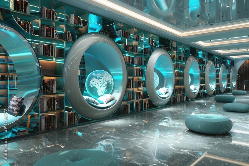 innovative library interior with floating holographic book covers and ...