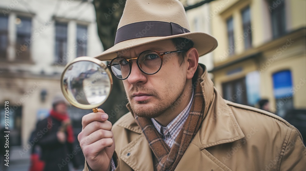 A detective examines clues closely with a magnifying glass in an urban ...
