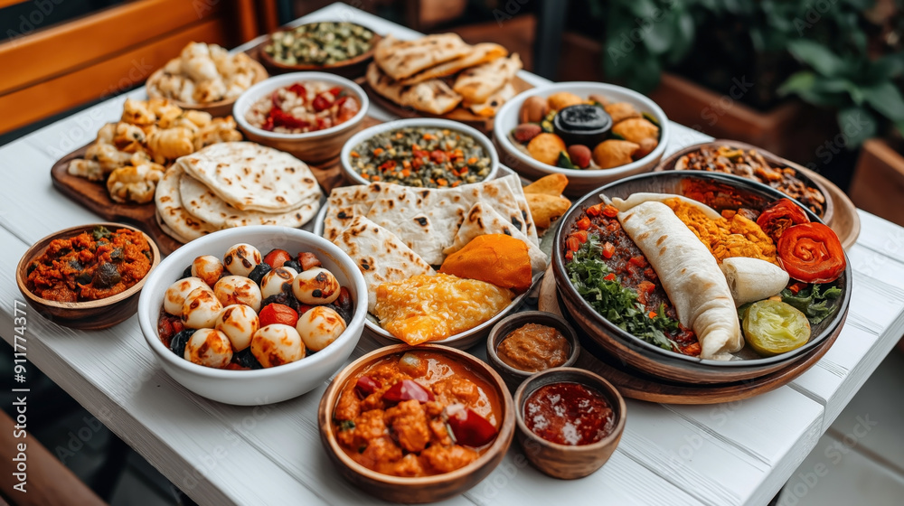 Traditional Indian food assortment featuring various dishes including ...
