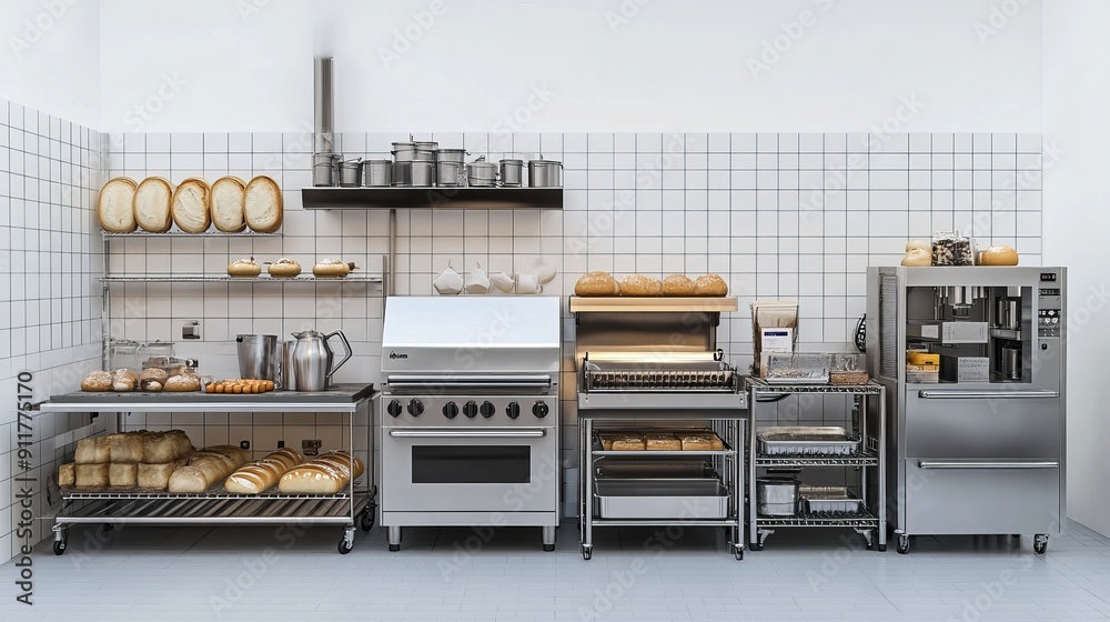 Professional, commercial bakery kitchen with stainless steel convection ...